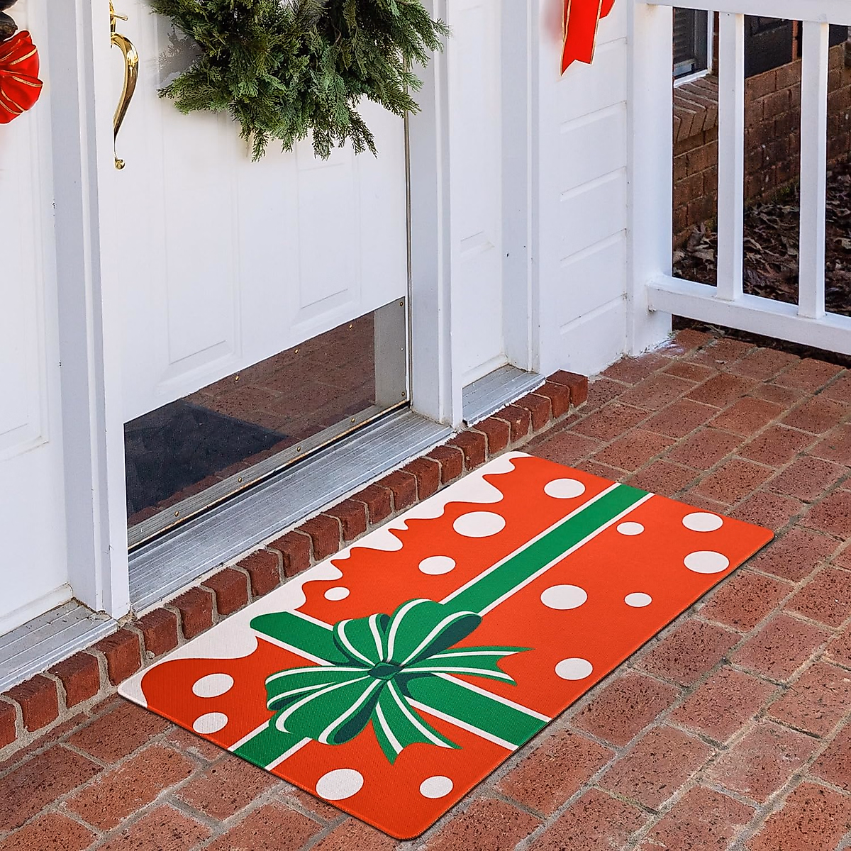 TRUEDAYS Christmas Red Bowknot Door Mat, Outdoor Indoor Welcome Rug Durable Bedroom Door Mats, Cute Cartoon Gift Box Snowflake Christmas Decorative Doormat with Non Slip Rubber Backing