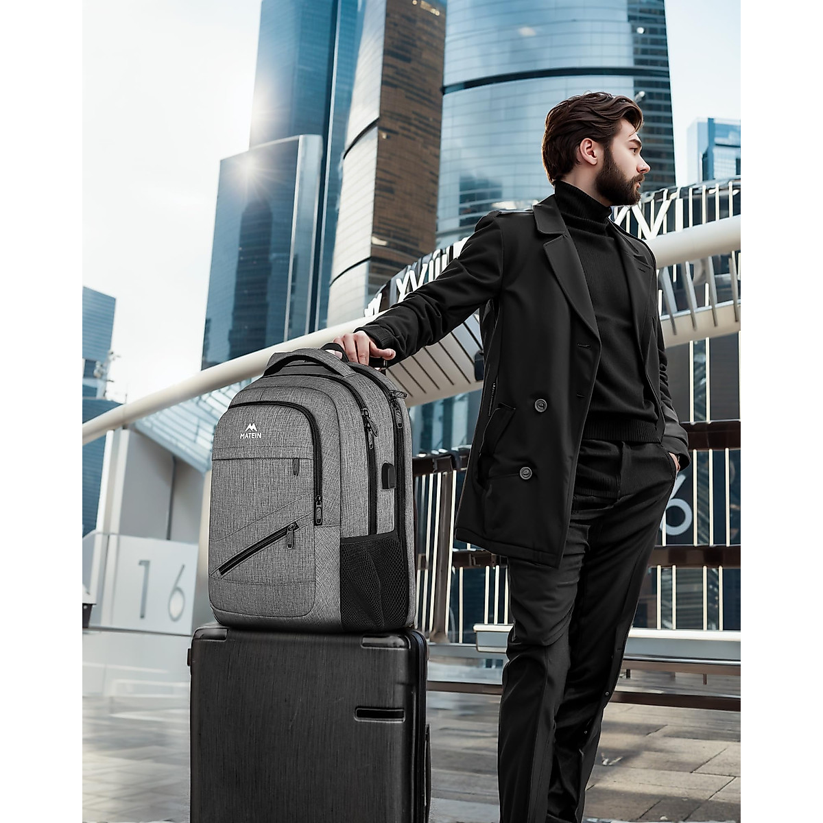 MATEIN Travel Laptop Backpack,TSA Large Travel Backpack for Women Men, 17 Inch Business Flight Approved Carry On Backpack with USB Charger Port and Luggage Sleeve, Durable College School Bookbag,Grey