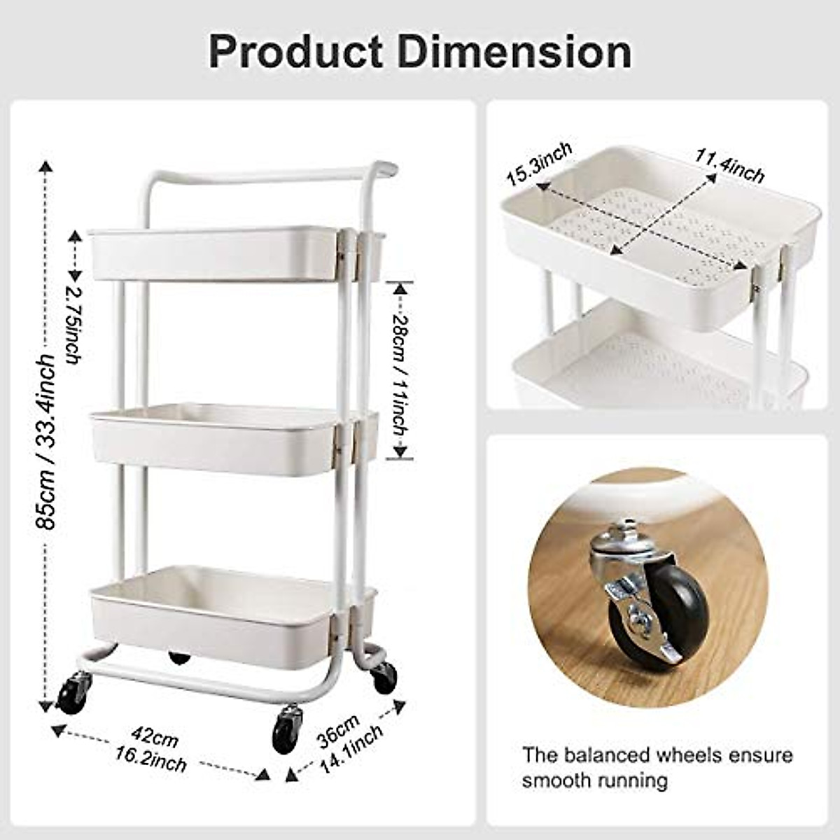 Storage Trolley Cart - 3 Tier Rolling Utility Organizer Rack, Craft Art Cart, Multi-Purpose Organizer Shelf, Tower Rack Serving Trolley for Office Bathroom Kitchen Kids’ Room Laundry Room, White