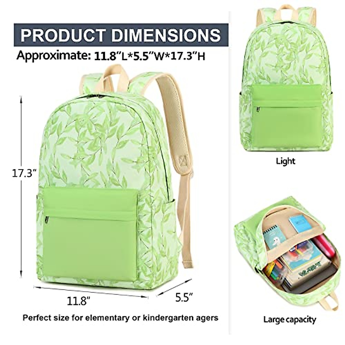 LEDAOU Backpack for Girls School Bag Kids Bookbag Teen Backpack Set Daypack with Lunch Bag and Pencil Case (Green)