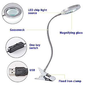8X Magnifying Lamp with Light, USB Powered LED Magnifying Glass Clamp for Desk for Reading Crafts Sewing Hobbies Repair or Workbench2