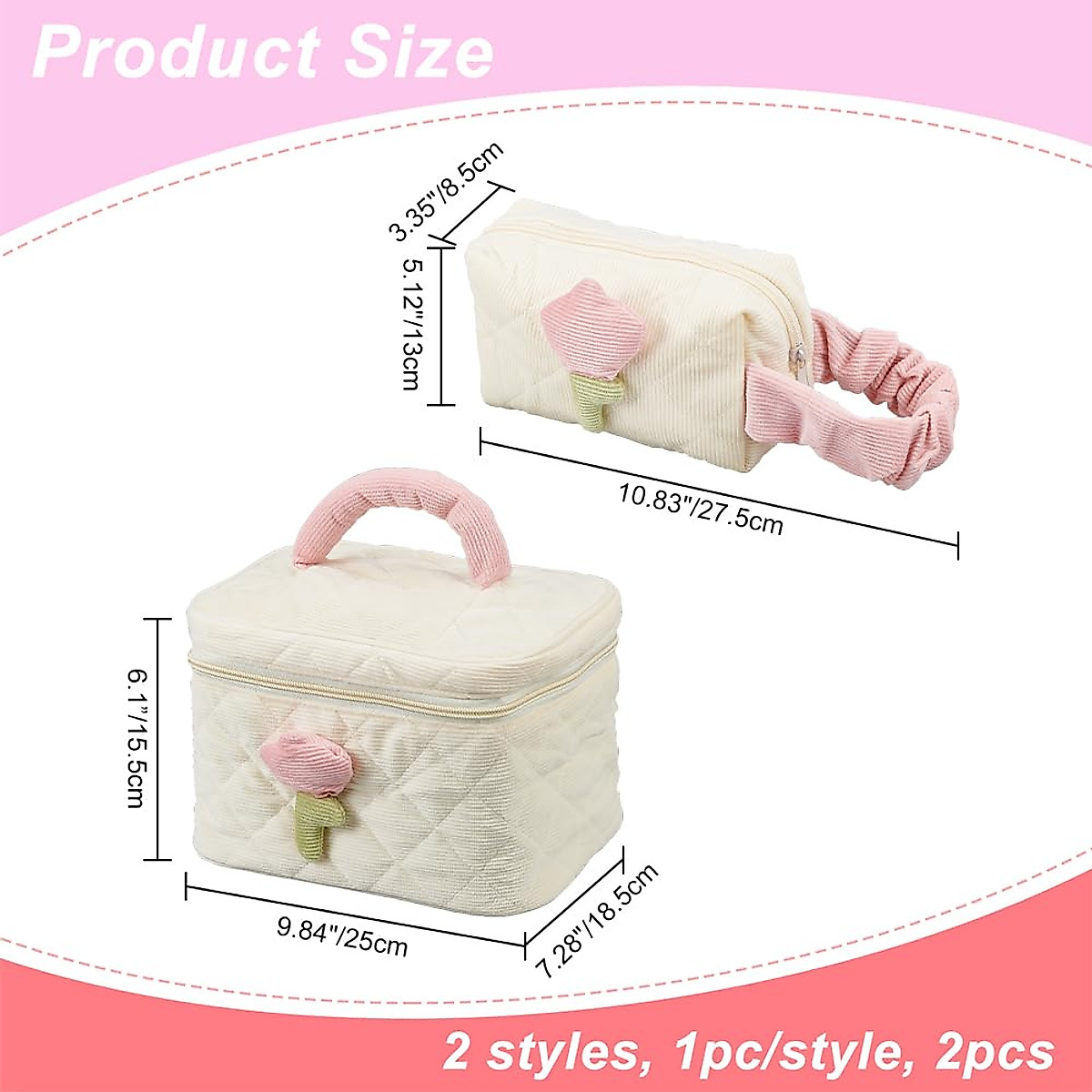WADORN 2 Styles Portable Makeup Bag for Women, Corduroy Makeup Pouch Sets Travel Zipper Cosmetic Organizer Bag with Tulips Pattern Cute Quilted Cosmetic Pouch Toiletry Bag