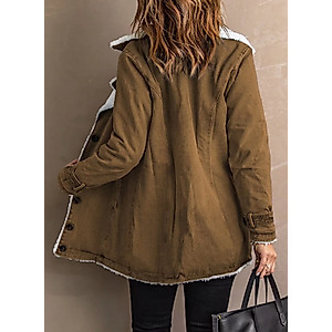 Dokotoo Womens Winter Coats Long Sleeve Jean Denim Jacket Autumn Collar Button Down Cozy Fluffy Cardigans Sherpa Pocketed Jackets Warm Outerwear Khaki Medium