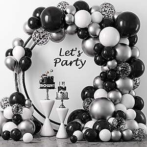 YAOWKY Black and Silver Balloons Garland Arch Kit,124pcs 18 12 10 5 Inch Black White and Silver Confetti Latex Balloons for Happy New Years Eve Party, Graduation, Wedding, Birthday Party Decorations