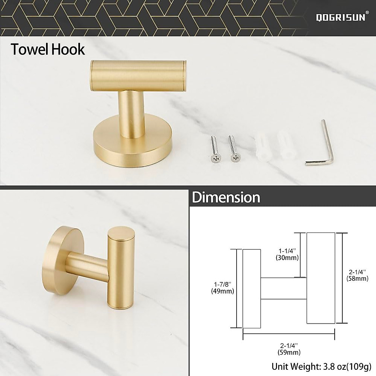 QOGRISUN Brass Towel Hook for Bathroom, Gold Coat Hook Door Hanger Towel Robe Hook Heavy Duty,Modern Brass Bathroom Accessories Wall Mounted, 1 Pack Brushed Brass