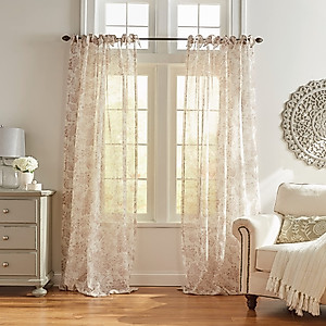 Elrene Home Fashions Westport Floral Tie-Top Sheer Window Curtain Panel, 52" x 84" (1), Flax