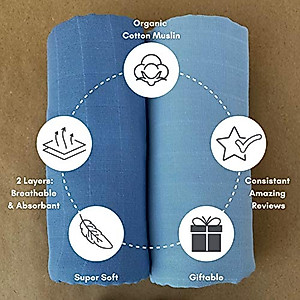MOZAH Organic Muslin Swaddle Blankets - 100% Soft Organic Cotton - Baby Girl Blanket and Baby Boy Blanket - Ideal Baby Registry Items Unisex Essentials - Baby Swaddles (Dark and Light Blue)