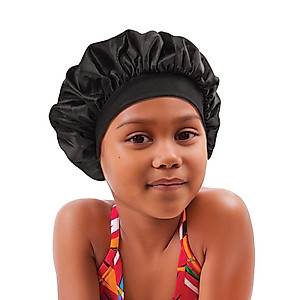 Donna Kids Comfort Band Bonnet for Sleeping Cap Soft Silk Night Hats for Natural Hair Teens Toddler Child Baby Double Showering Caps, Shower for Kids 1pc, Black Color