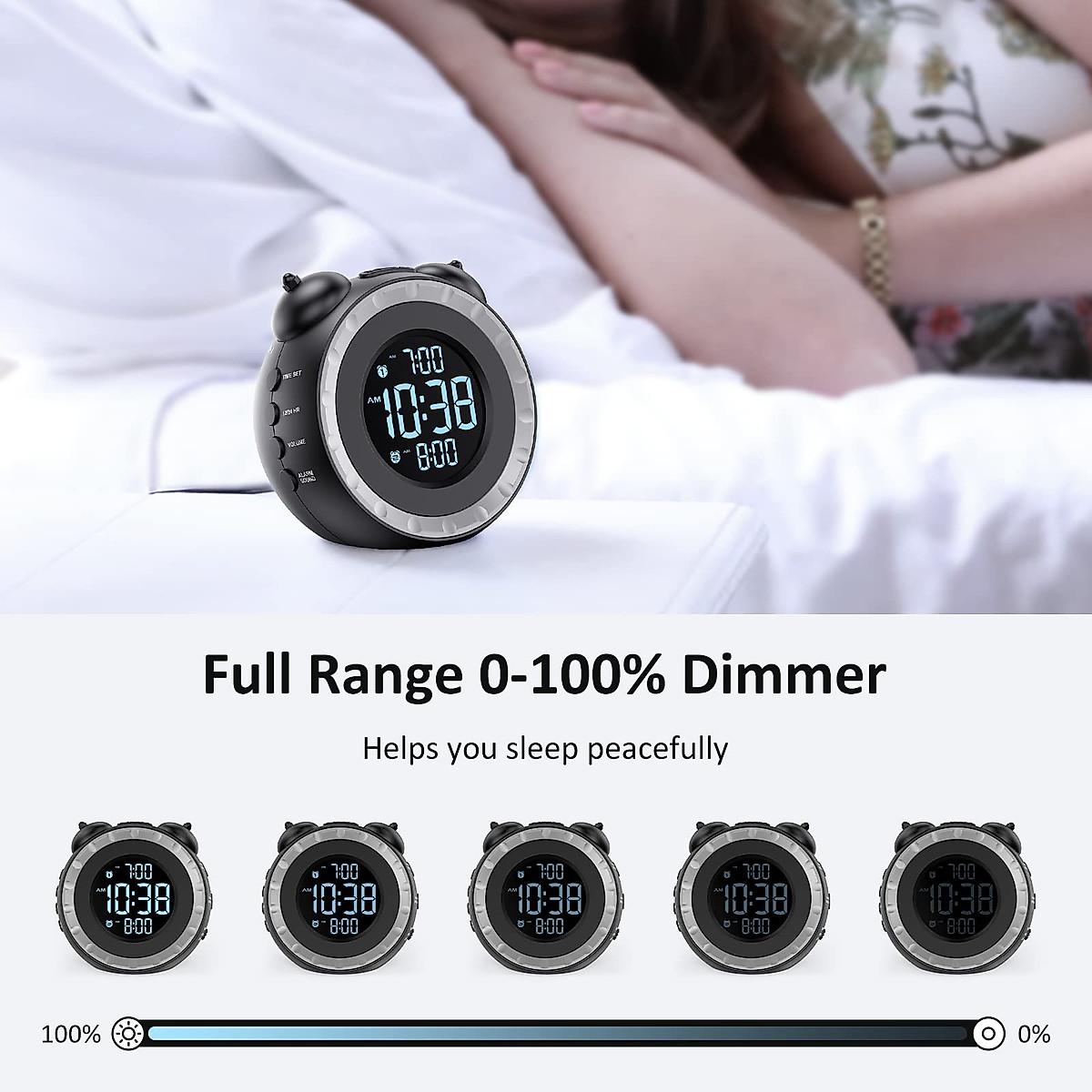 uscce Loud Dual Alarm Clock with Bed Shaker - 0-100% Dimmer, Vibrating Alarm Clock for Heavy Sleepers or Hearing Impaired, Easy to Set, USB Charging Port, Snooze, Battery Backup