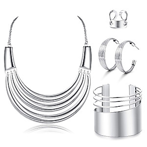 JOERICA Bib Choker Necklace Silver Jewelry Set Wide Cuff Bangle Bracelet Open Hoop Earrings Adjustable Ring Chunky Silver Statement Costume Jewelry Set for Women