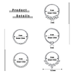 Drperfect Daith Earrings 16G Stainless Steel Cartilage Helix Tragus Nose Hoop Piercing Jewelry 8MM Silver CZ Hinged Septum Clicker Rings