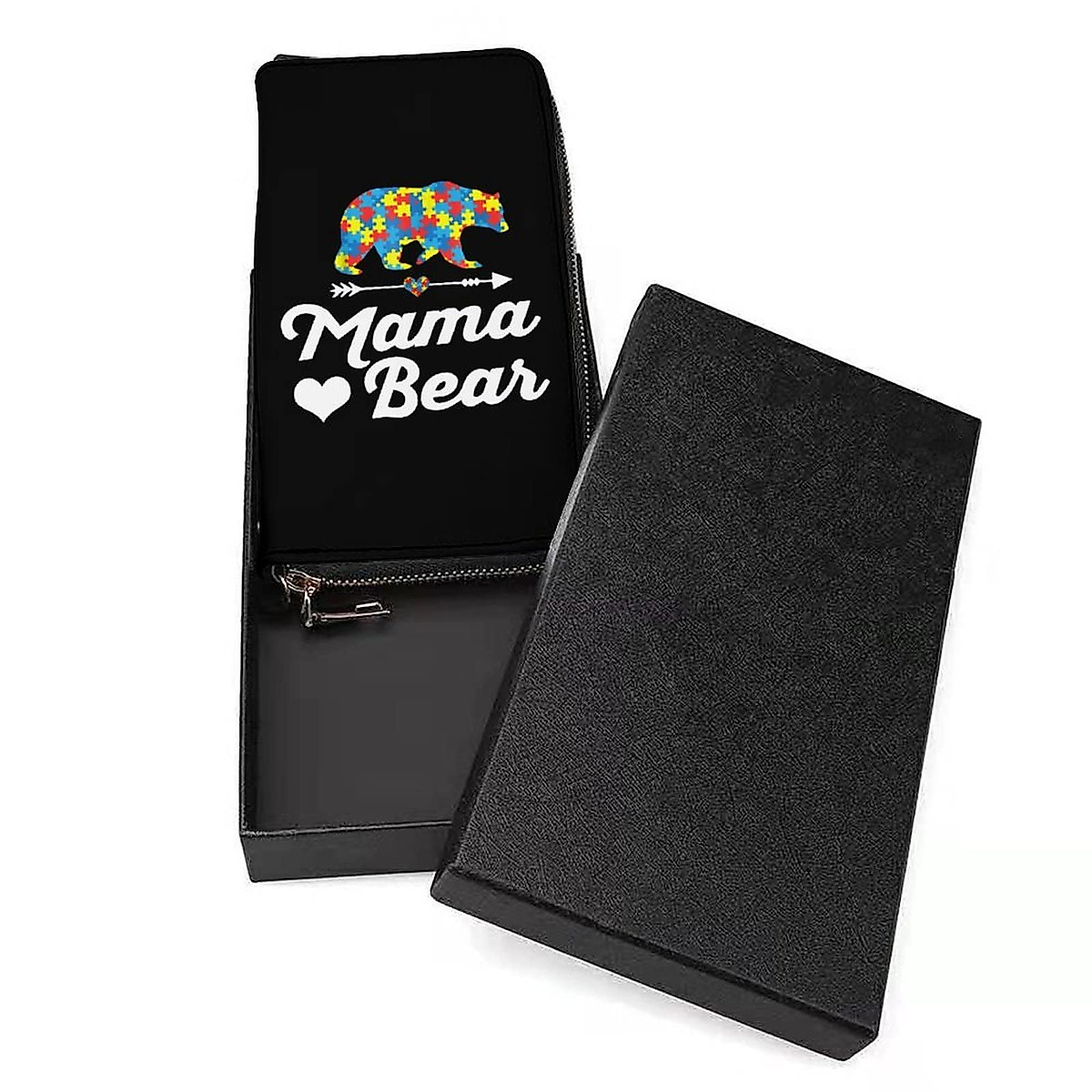 Mama Bear Autism Awareness PU Leather Vertical Wallet Zipper Long Clutch Purse Fashion Handbag with Wristlet Strap for Women