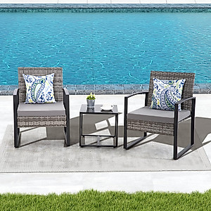 HYDRAGARDEN 3PCS Patio Furniture Set, Outdoor Wicker Bistro Conversation Set with Padded Cushions & Glass Table, Garden Rattan Chair Set for Porch Balcony Backyard (Plus Grey Wicker & Grey Cushions)