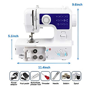 Luby Sewing Machine with 12 Built-in Stitches & Free Arm, Portable, Lightweight, Suitable for Small Projects, Blue
