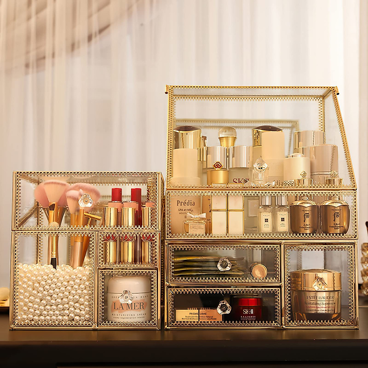 CONHENCI Large Glass Makeup Organizer Drawer Set Beauty Storage Bathroom Counter Organizer Cosmetic Display (11.5inx8.5inx5.5in)