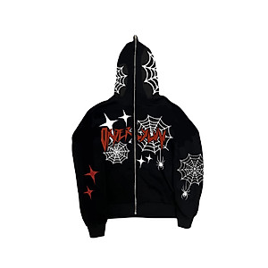 Megecaggfy Womens Men Y2k Full Zip Up Hoodie Vintage Graphic Oversized Sweatshirt Fashion Jacket Streetwear (Black 2, L)