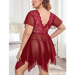 Avidlove Plus Lingerie for Women Lace Babydoll Sexy Chemise V Neck Mesh Sleepwear Dark Red