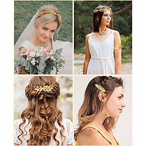 Wecoe 7pcs/Set Gold Leaf Headbands Hair Clips Headpieces Arm Cuff For Women Girls Gold Leaf Tiara Crown Flower Girl Bridal Wedding Halo Headband Greek Goddess Toga Costume Hair Accessories For Women