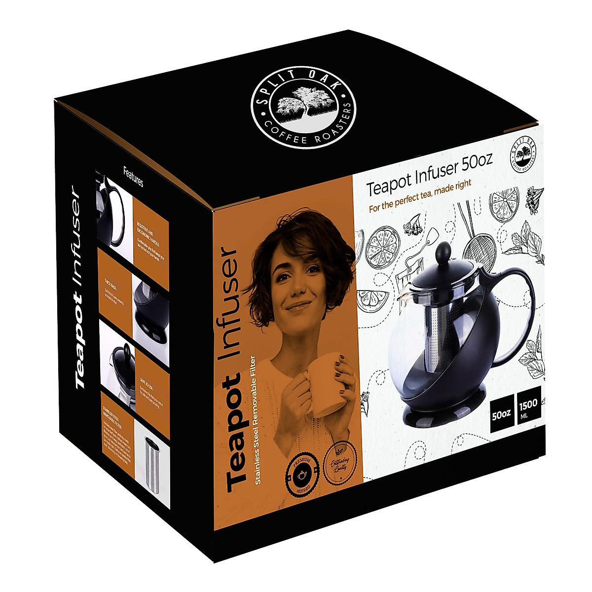 LARGE GLASS TEAPOT KETTLE WITH INFUSER AND FILTER FOR LOOSE TEA DISHWASHER SAFE 50OZ / 1500ML BREW TEA POT HALF MOON HEAT RESISTENT HERBAL TEA MAKER. BEST VALUE FOR MONEY!