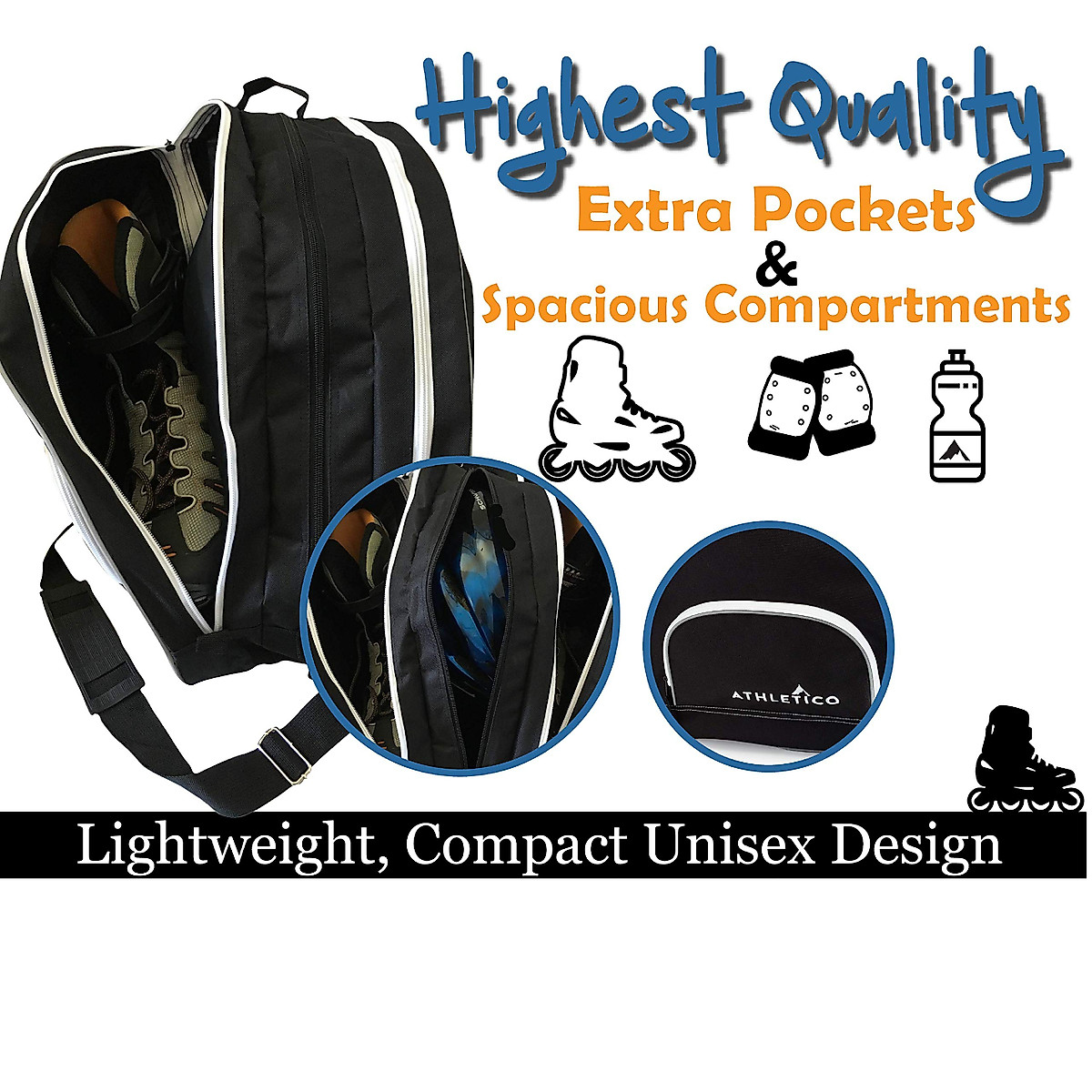 Athletico Ice Skate Bag + Large Skate Blade Cover - Bundle Includes Skate Bag for Ice Skates, Figure Skates, or Hockey Skates and Blade Cover to Protect Blades (Black) (Black, Large)