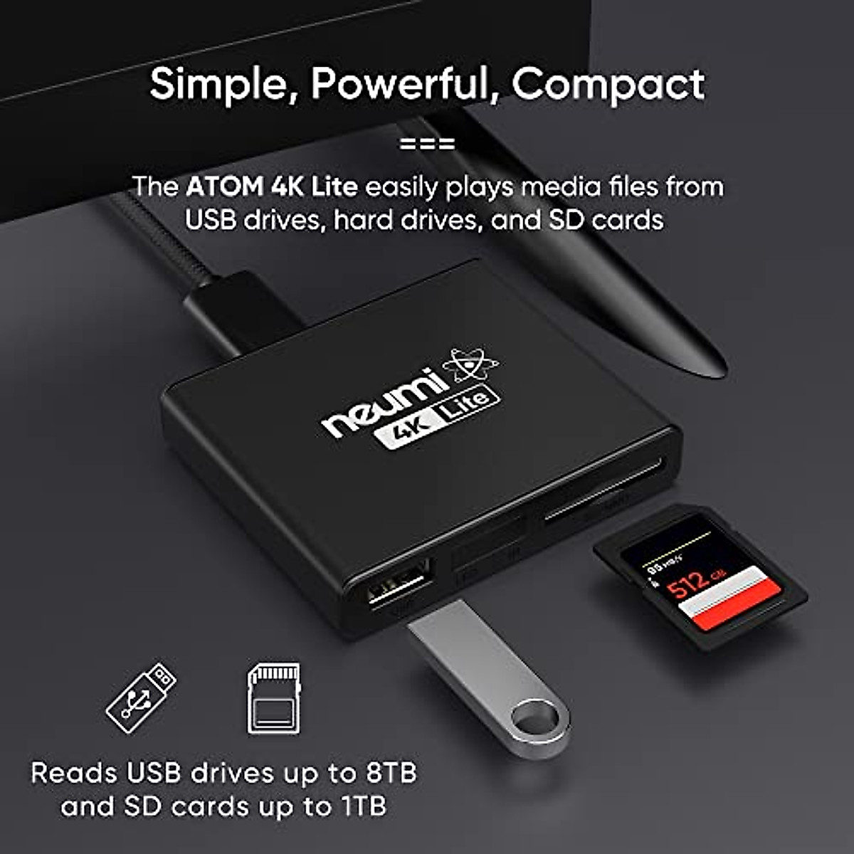 NEUMI Atom 4K Lite Ultra-HD Digital Media Player for USB Drives and SD Cards - Plays 4K/UHD Videos, HEVC/H.265, HDMI and Analog AV, Automatic Playback, Looping, Trigger Capability
