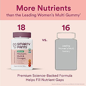 SmartyPants Organic Women's Multivitamin Gummies: Biotin, Probiotics, Methylfolate, Omega 3 (ALA), Vitamin D3, C, Vitamin B12, B6, Vitamin A, K & Zinc, Gluten Free, 120 Count (30 Day Supply)