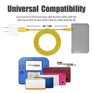 [2 Pack] 5FT USB Charger Charging Cable for 3DS Compatible with Nintendo New 3DS XL/New 3DS/ 3DS XL/ 3DS/ New 2DS XL/New 2DS/ 2DS XL/ 2DS/ DSi/DSi XL Bule/Red/Yellow
