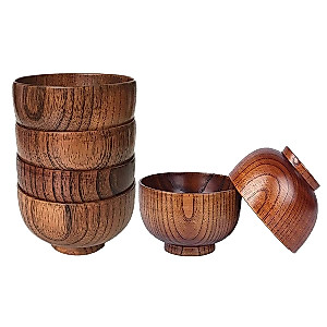Jaquiain 6 Pcs Wood Bowls Serving for Rice, Soup, Dip, Coffee, Tea, Decoration Wooden Salad Bowl Kitchen Cutlery Set