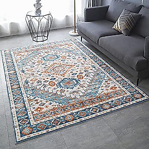 YUFANUHO Bohemian Area Rugs 5x7 Feet Wool Rugs, Low Pile Non-Slip Foldable Boho Medallion Rug with Oriental Stylish Floor Carpet for Living Room Bedrooms, Boho Floral Rug 5x7 Feet