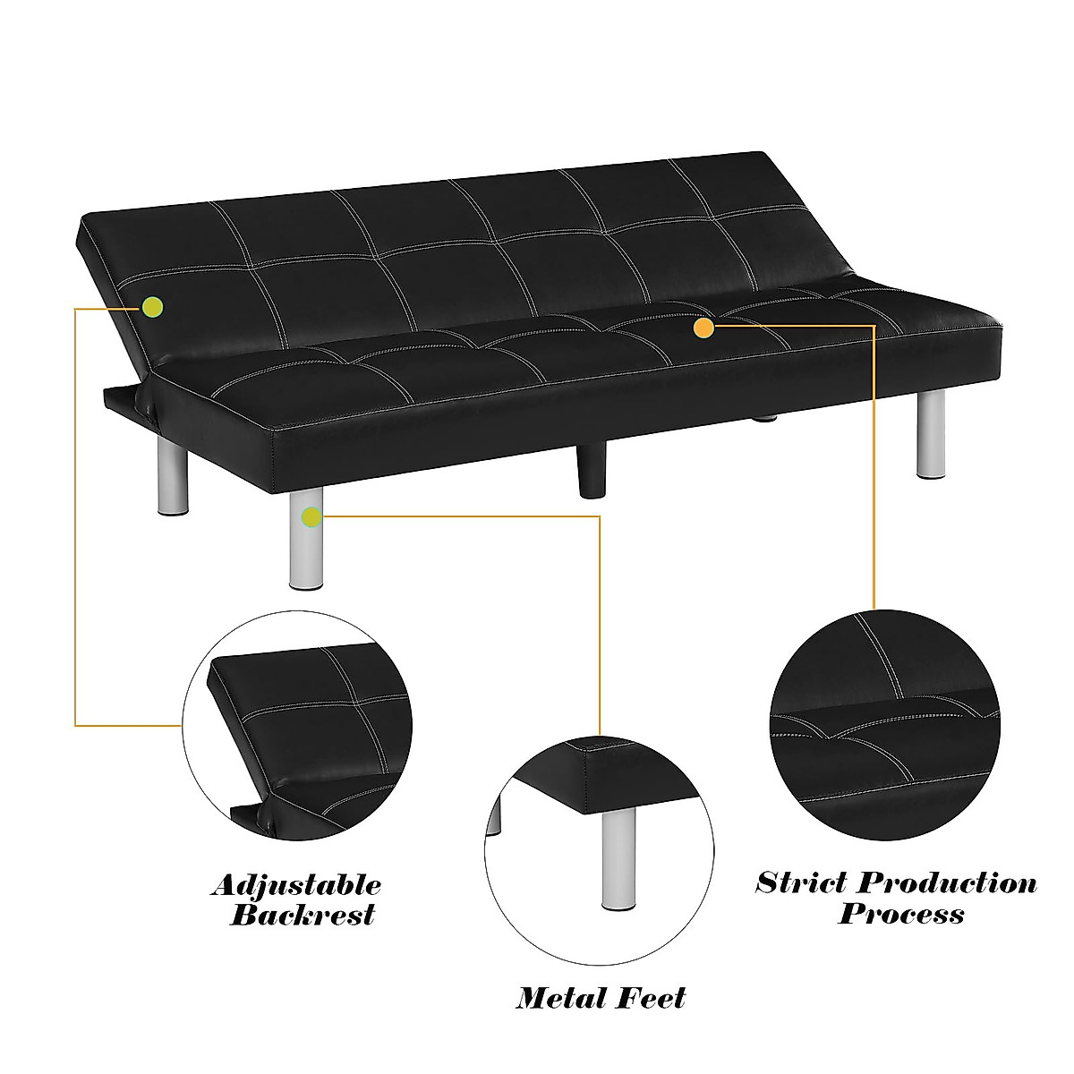 BIVVI Faux Leather Couch Futon Sofa Bed Convertible Folding Daybed Modern Upholstered Sleeper for Compact Living Space Loveseat Sofá Bed Lounge Sofa for Living Room Apartment Home Office,Black