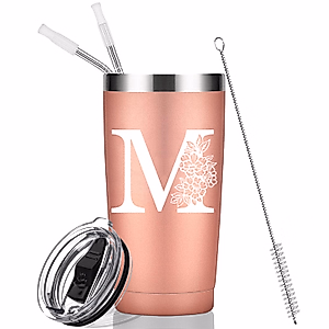 Leraverppy Personalized 20oz with Initial Stainless Steel Coffee，Leak Proof Rose Gold Tumbler with Lid And Straw Double Wall Thermal Cups for Hot and Cold Drinks Monogrammed Gifts for Women（C20-M）