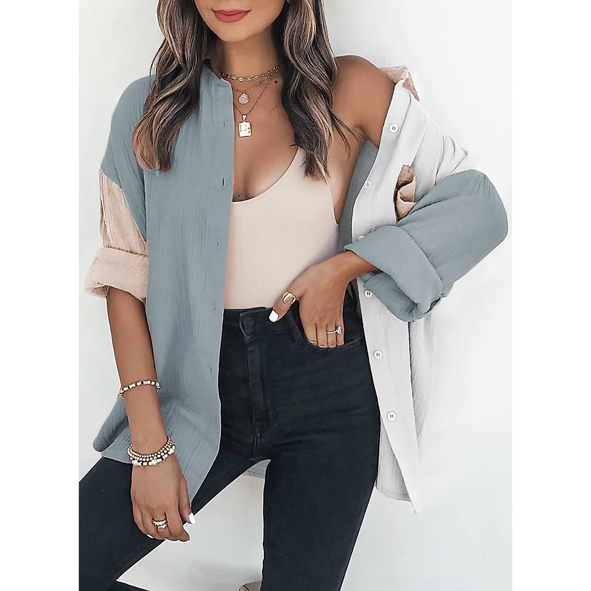 Dokotoo Women's Cute Spring Button Down Lightweight Soft V Neck Collared Long Sleeve Shirts for Women Casual Loose Fashion Summer Blouses Tops with Pockets Grey L