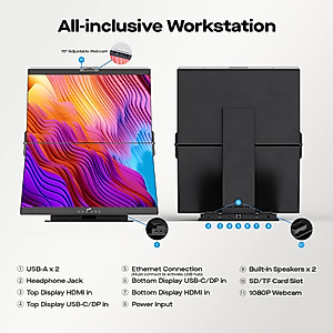Mobile Pixels Geminos Dual 24" Stacked Computer Monitors with 1080P Webcam&Speakers, 65W USB-C Charging, All-Inclusive Vertical Desktop Monitor, HDMI/USB-A/USB-C, Infinitely Adjustable (2 Monitors)