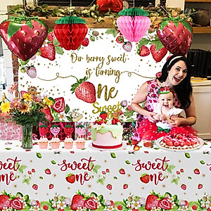 Strawberry First Birthday Party Decoration Pack for Girls Sweet One Shortcake Party Supplies 84 Pcs (Backdrop, Tablecloth, Banner, Crown, Cupcake Toppers, Honeycomb Decor, Balloons) (Sweet One)