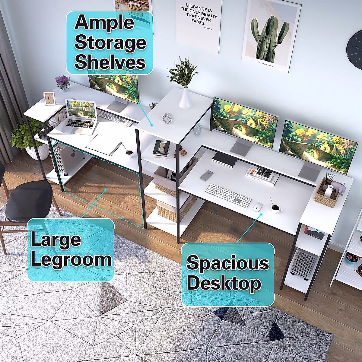 HYPIGO 109 Inches White Double Computer Desk, Extra Long Two Person Desk Workstation with Storage Shelves & Monitor Stand, Large Office Desk Study Writing Table for Home Office