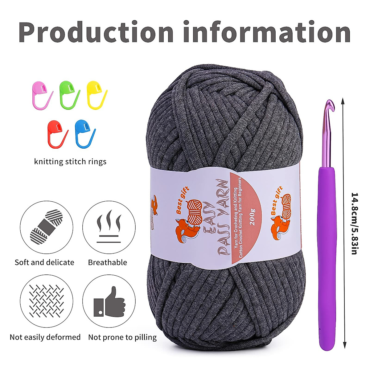 Fedmut Yarn for Crocheting -200g Beginners Chunky Cotton Yarn Easy-to-See Stitches Thick Worsted Yarn for Knitting Craft -Grey