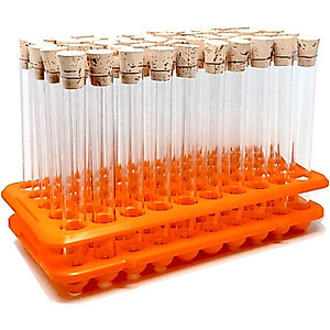 50 Tube - 16x150mm Plastic Test Tube Set with Cork Stoppers and Grip Rack