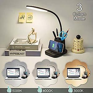 Sailstar LED Desk Lamp with Wireless Charger, Black Desks Lamp for Home Office, 3 Color Modes, Stepless Dimming, CRI 85, 800 Lumen, Study Lamp with Pen Holder for College Dorm Room, Adapter Included