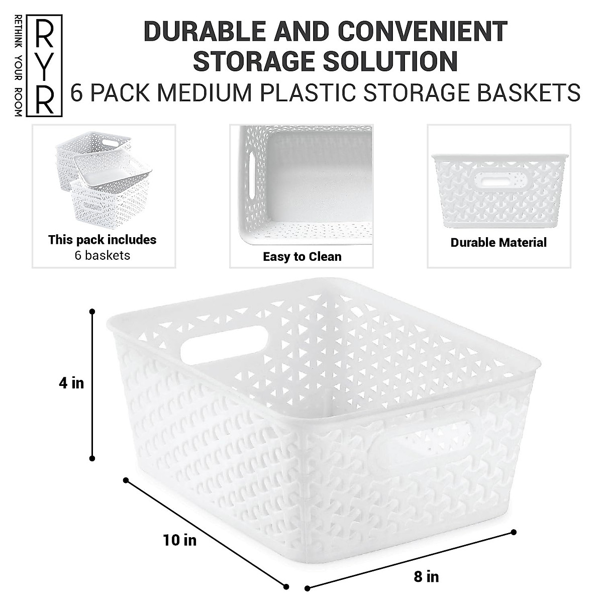 Rethink Your Room Set of 3 Large Plastic Open Storage Basket, 14 x 12 x 5 Inches, Durable Pantry and Kitchen Organization Bins for Organization, Desktops Countertops Bathroom Home, Bright White