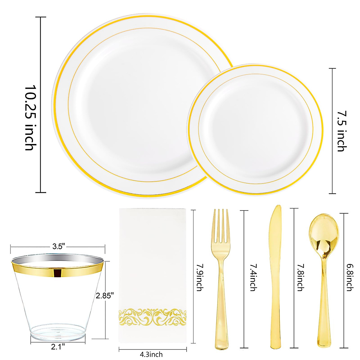 bUCLA 350PCS Gold Plastic Dinnerware Set - Gold Plastic Plates Disposable for 50 Guests Include 50 Dinner Plates,50 Dessert Plates,50 Forks,50 Knives,50 Spoons,50 Cups&50 Napkins for Party