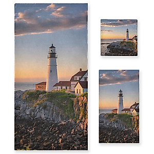 Kigai Lighthouse Bath Towel Set of 3, Absorbent Soft Bathroom Towel with Hand Towel & Washcloth for Hotel, Beach, Gym and Spa