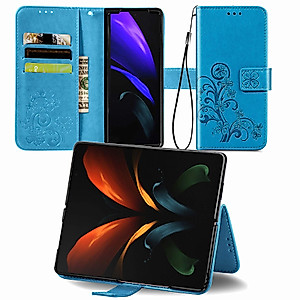 LEMAXELERS Galaxy Z Fold 2 5G Case Bling Diamond Clover Wallet Case with Card Slots Magnetic Flip Stand Premium PU Leather Shockproof Cover for Samsung Galaxy Z Fold 2 5G Diamond Clover Blue SD