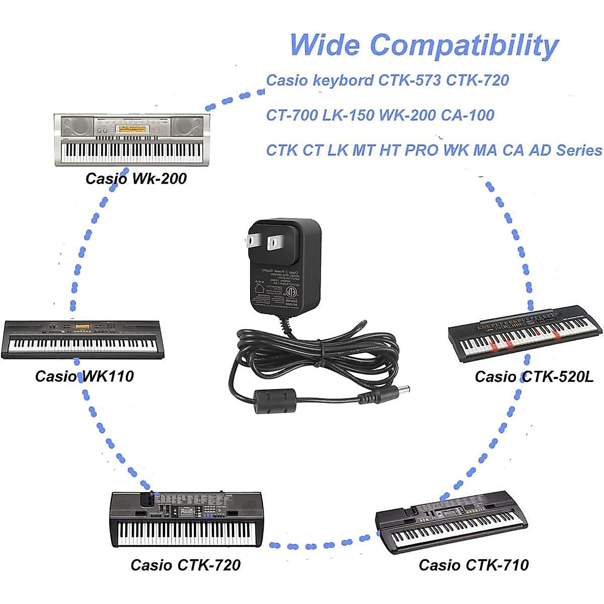 DC 9V Power Adapter for Casio Keyboard WK-110 WK-200 WK-210 CTK-720 CTK-710
