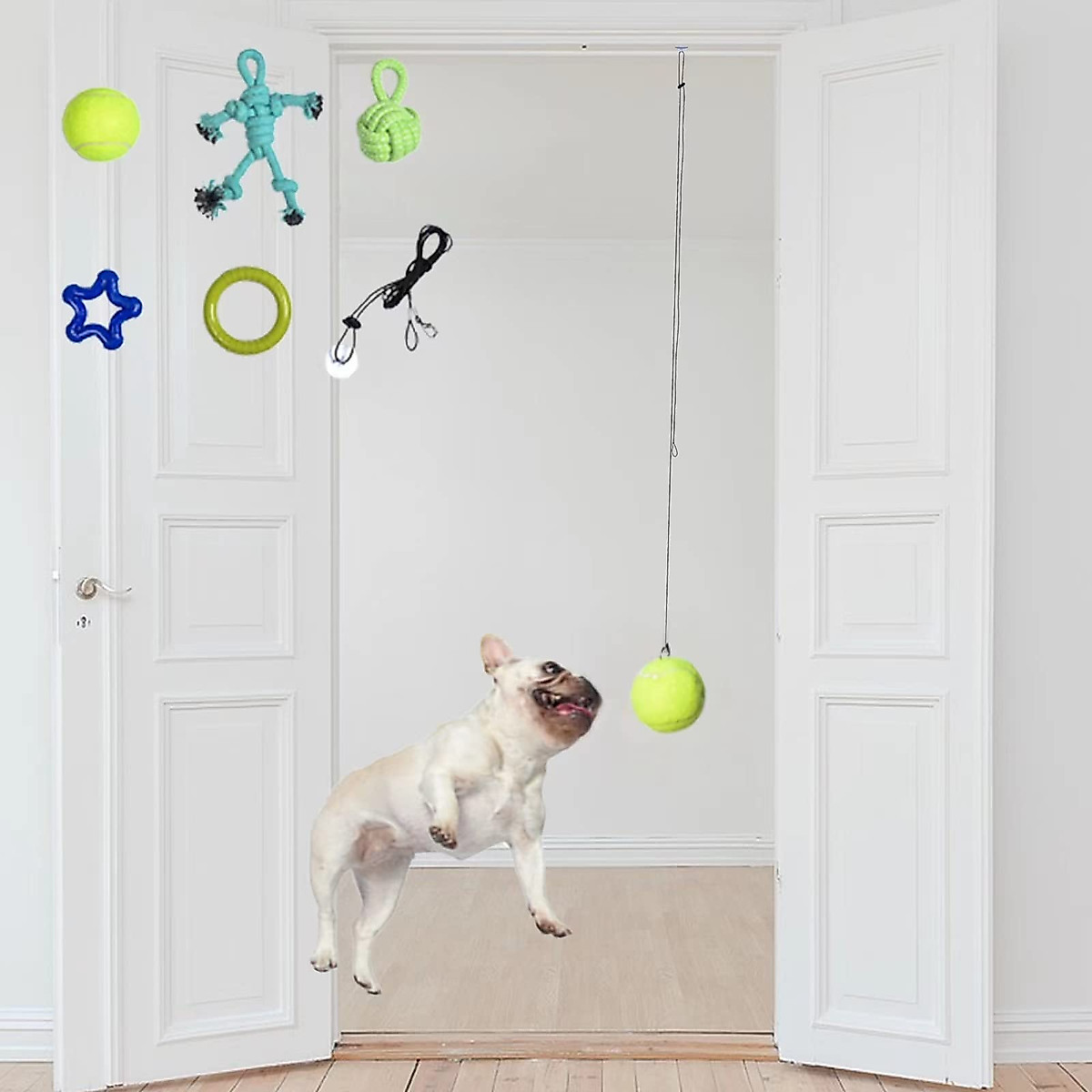 CZPET Puppy Toys 6PCS Set Puppy Chase Toys Pet Automatic Elastic Hanging Rope Door Interactive Energy Jump Exercise Toys Tennis Ball Knot Ring Chew Busy Dog Puppy Toys