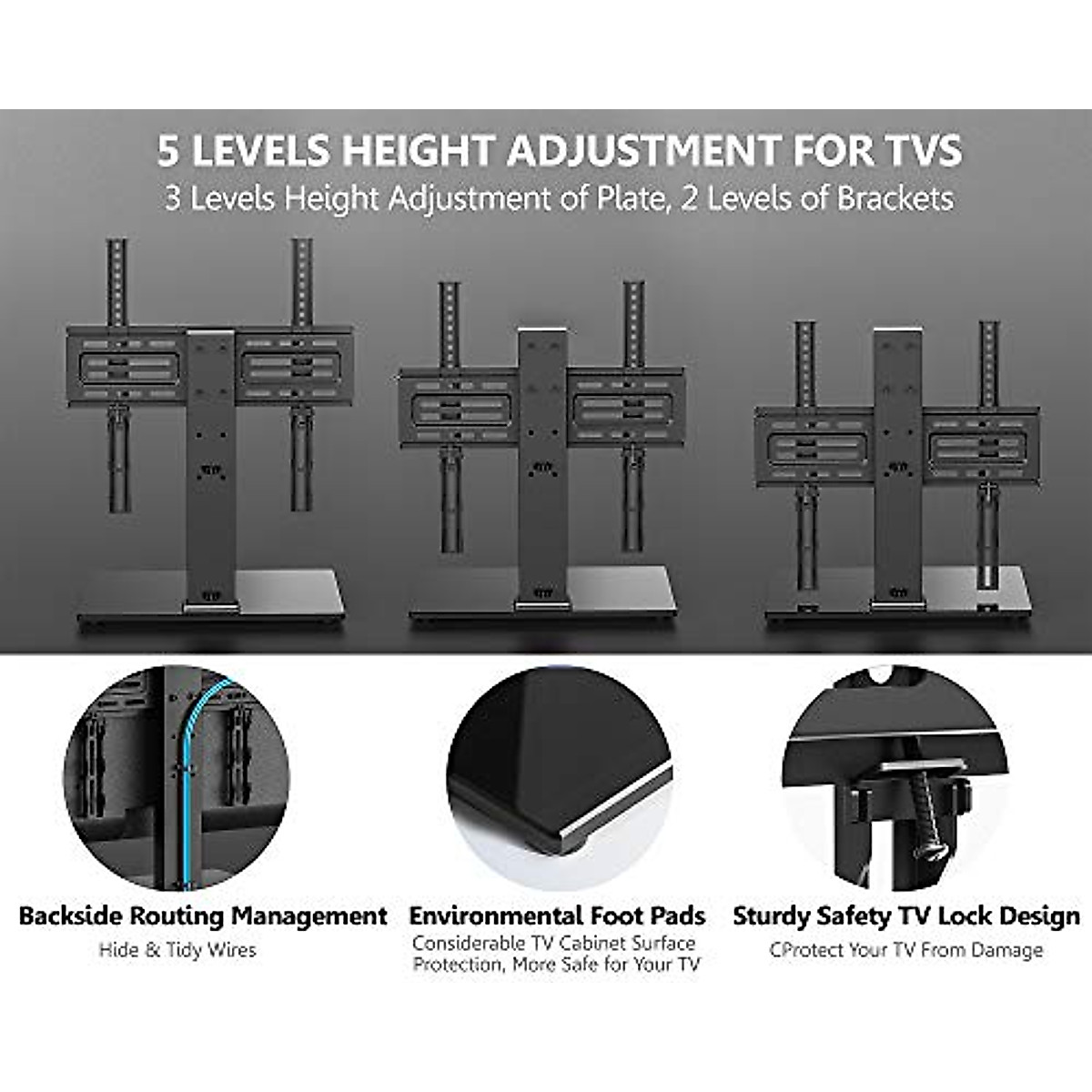 FITUEYES Universal TV Stand Table Top TV Stand for 27-55 inch LCD LED TVS Height Adjustable TV Base with Tempered Glass Base Wire Management VESA 400x400mm Holds up to 88 Pounds