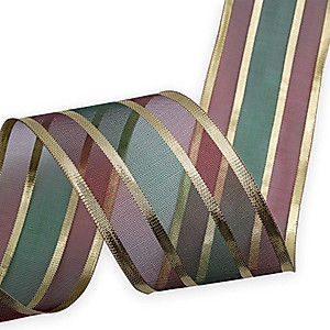 XMRIBBON Metallic Christmas Wired Ribbon Gold Red Green Striped Ribbon - 2 1/2" x 10 Meters,for Gift Wrapping, Tree Topper, Garland, Wreath