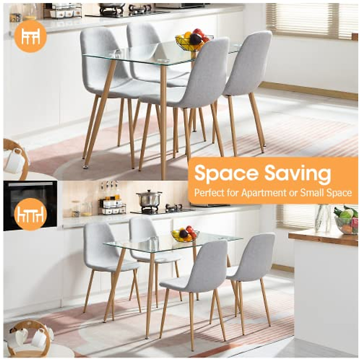 Bacyion Modern Dining Room Table Set 5 Pieces Dining Table Set for 4 - Rectangle Glass Dining Table with 4 Grey Fabric Dining Chairs - Kitchen & Dining Room Sets for Dining Room Kitchen