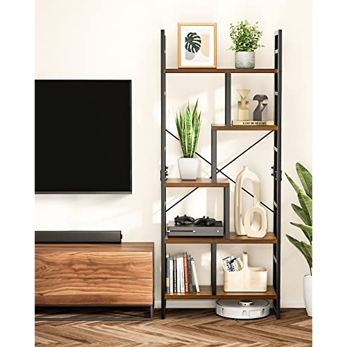 Pipishell 5-Tier Bookshelf, Tall Bookcase Storage Shelf Organizer with Steel Frame, Decorative Industrial Display Shelf, Multipurpose Storage Rack for Bedroom, Living Room, Office, Study, Hallway