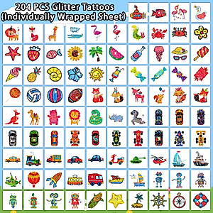 Partywind 408 PCS Temporary Tattoos for Kids, Glow and Glitter Fake Tattoo Stickers for Boys Girls Party Supplies Favors, Cute Goodie Bag Stuffers Gifts for Children (Individually Wrapped Sheet)