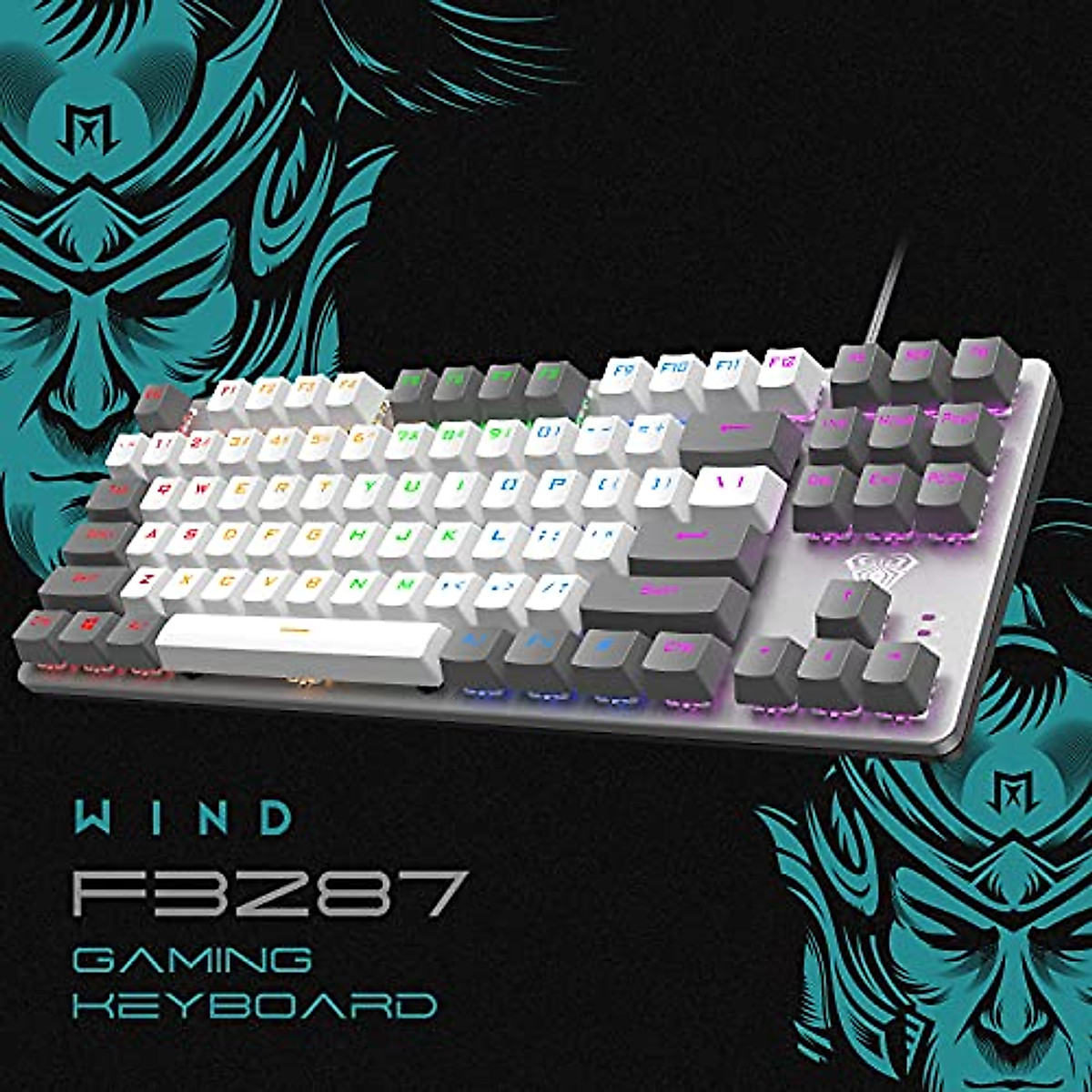 AULA F3287 Wired TKL Rainbow Mechanical Gaming Keyboard, 80% Compact Tenkeyless 87 Keys Layout w/Tactile Red Switches, White & Grey Mixed-Color Keycaps, Programmable Macro Keys